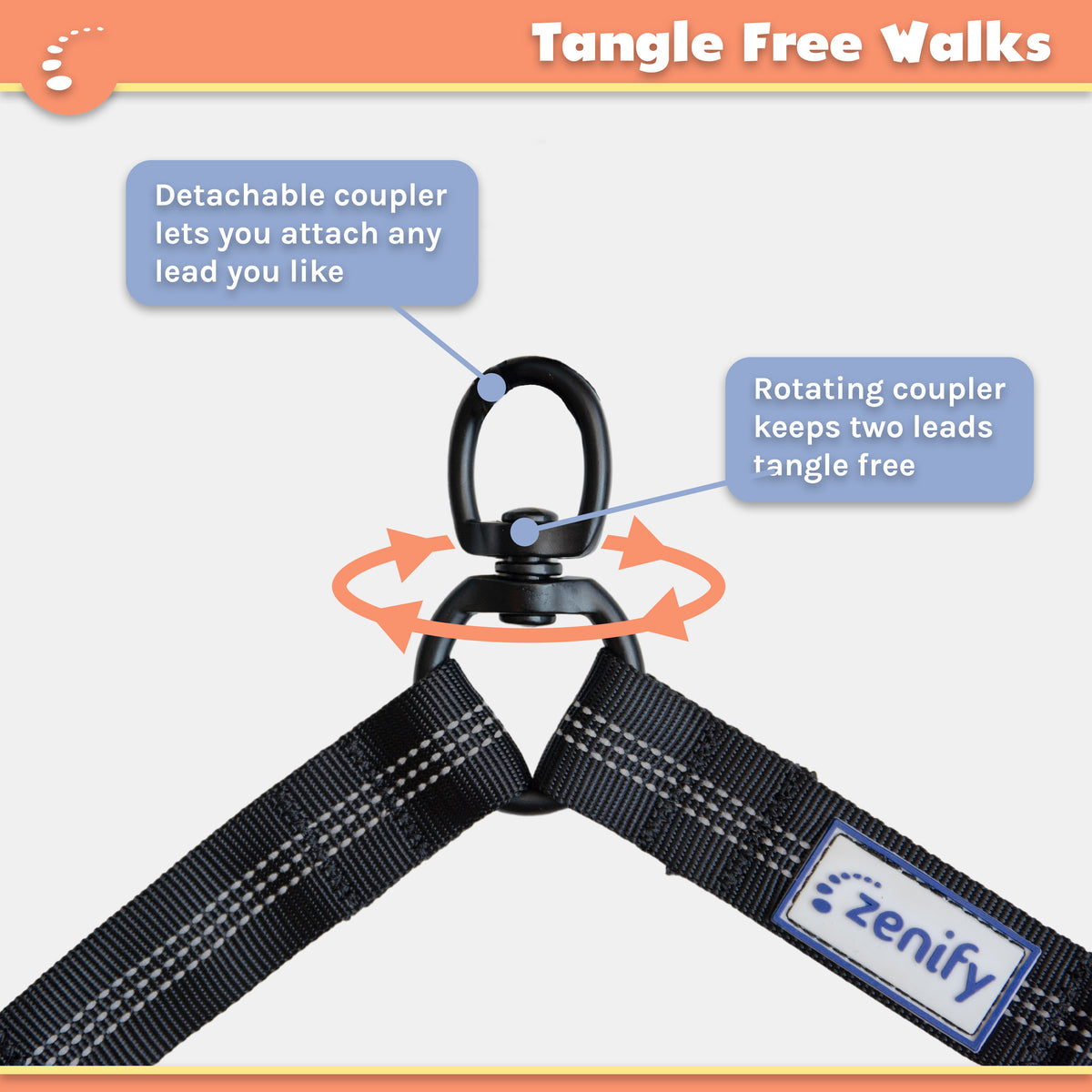 Zenify Pets Double Dual Two Way Tangle Free Coupler Bungee Splitter